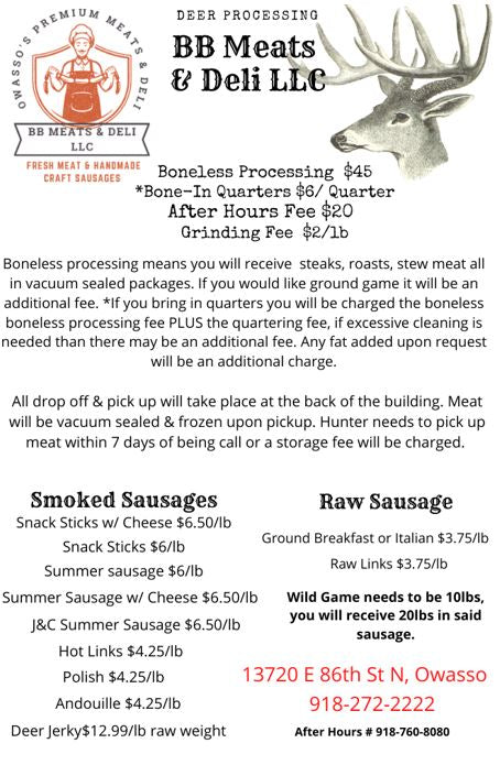 Deer Processing – BB Meats & Deli LLC